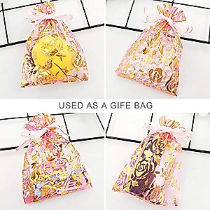 SumDirect Pink Drawstring Organza Bags - 100Pcs 4×5 Inches Pink Rose Sheer Jewelry Gift Bags, Small Mesh Candy Bags for Wedding Party Festival