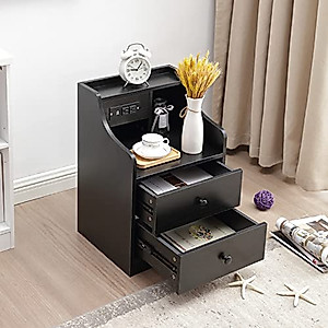 Royal Wood RUIENHOME Nightstand with Charging Station 2 Drawers, Sofa End Table Side USB Ports and Outlet, Bedside Bedroom Nightstand, Storage for Bedroom, Black, 16.15 in W x 23.63 H x 14.17 D