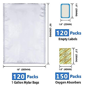 Mylar Bags 120 Packs 1 Gallon Heat Sealable 15''x10'' with 150 Packs 200cc Oxygen Absorbers Packets for Grains Dehydrated Vegetables Meat Food Storage, Food Grade, Vacuum Seal