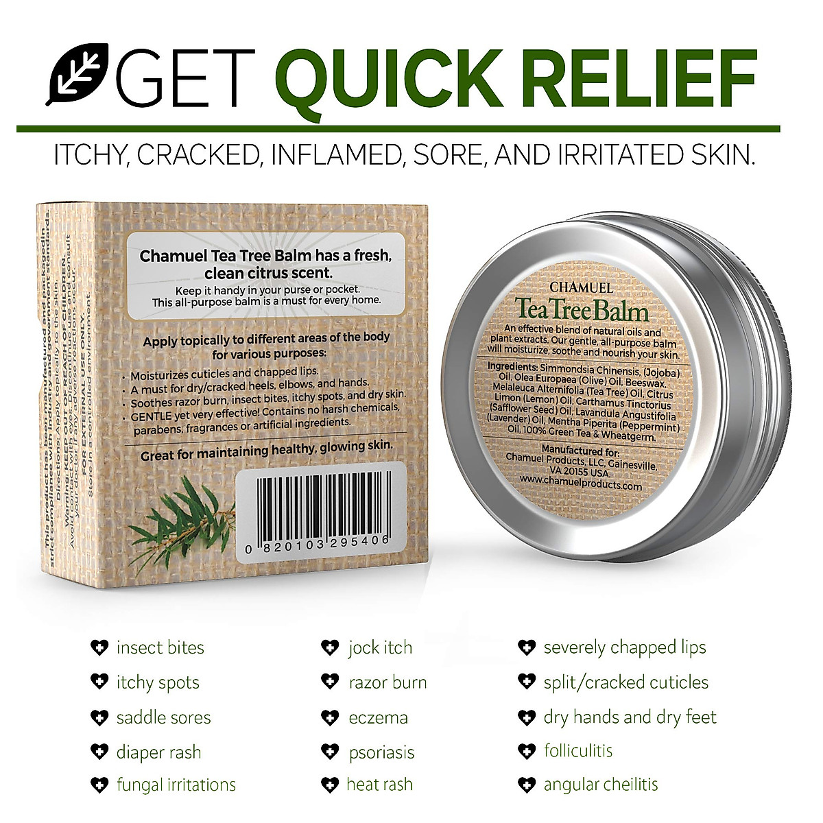 Chamuel Tea Tree Oil Balm -100% All Natural | Great Cream for Soothing Irritations like Rashes, Insect Bites, Folliculitis, Acne, Itches, Dry Heels, Cuticles, Saddle Sores and more!