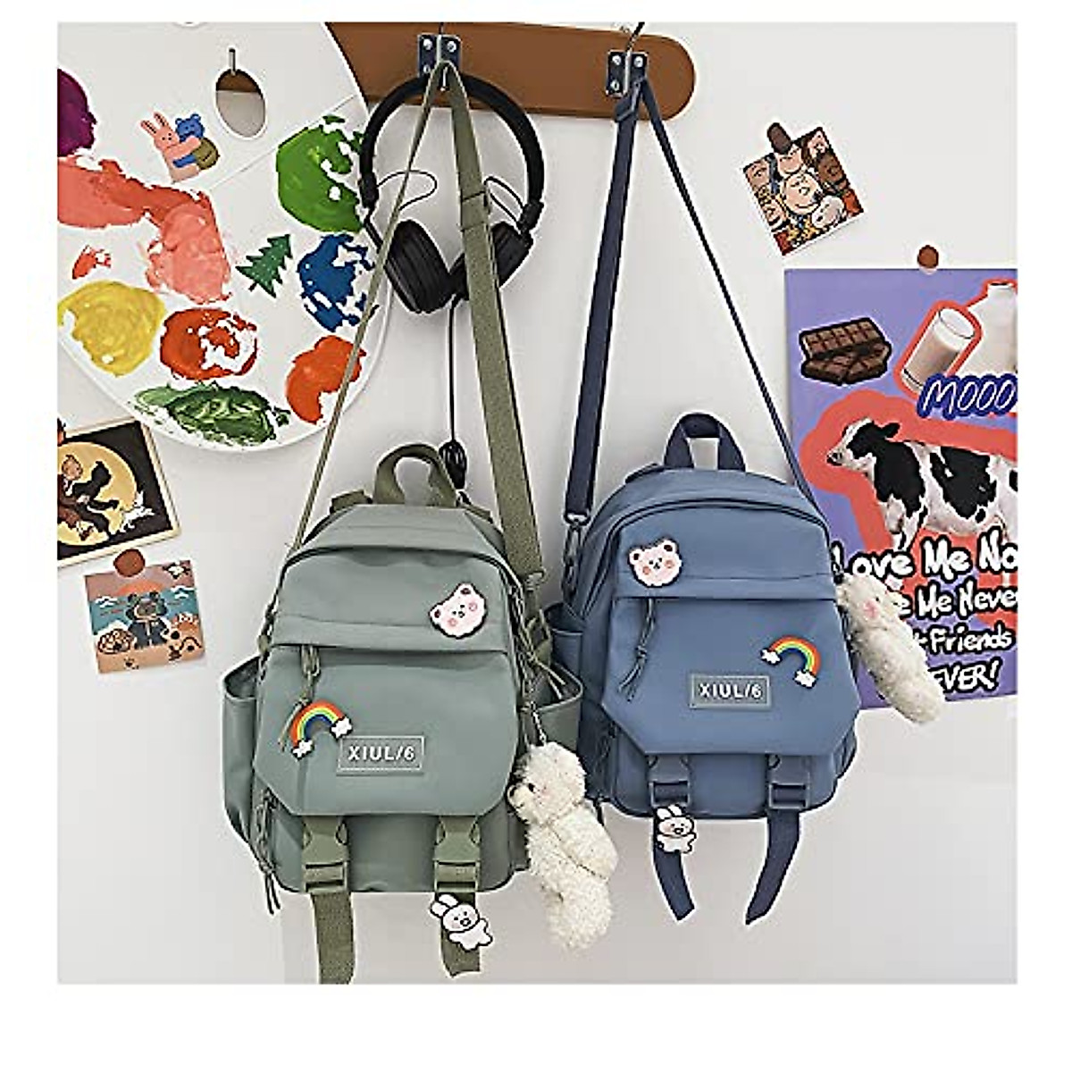 SUEBEKUE Cute Mini Backpacks with Kawaii Accessories,Small Travel Bag Shoulder Bag with Many Pockets,Aesthetic Small Backpack Teen Girls Women for Camping,Green