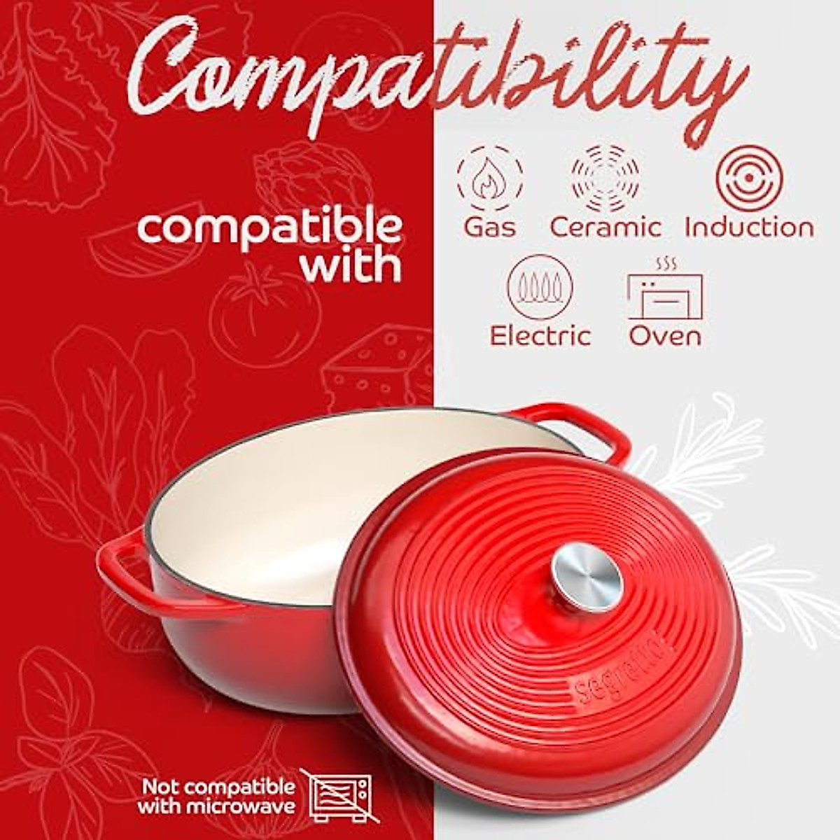 Segretto Cookware Enameled Oval Cast Iron Dutch Oven with Handle 7 Quart Rosso (Red) Oven Safe Dutch Oven Pot With Lid Cast Iron Enamel Dutch Oven Cast Iron Pot Set Cookware for Bread Baking, Basting