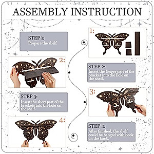 Yulejo Crystal Shelf Display Rustic Wooden Cat Moon Shelves Moth Hamsa Hand Wolf Crystal Holder Shelves Wooden Floating Shelf for Rock Gemstones Meditation Spiritual Gift for Home Bedroom (Moth)