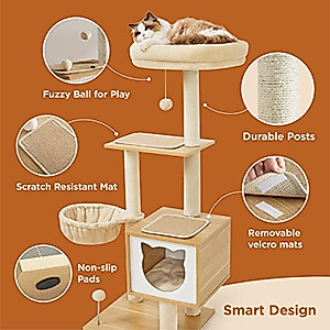 Lesure Modern Cat Tree for Large Cats - Tall Cat Climbing Tower for Indoor Cats with Wood Cat Condo, Hammock and Scratching Post, 50 Inches, Beige
