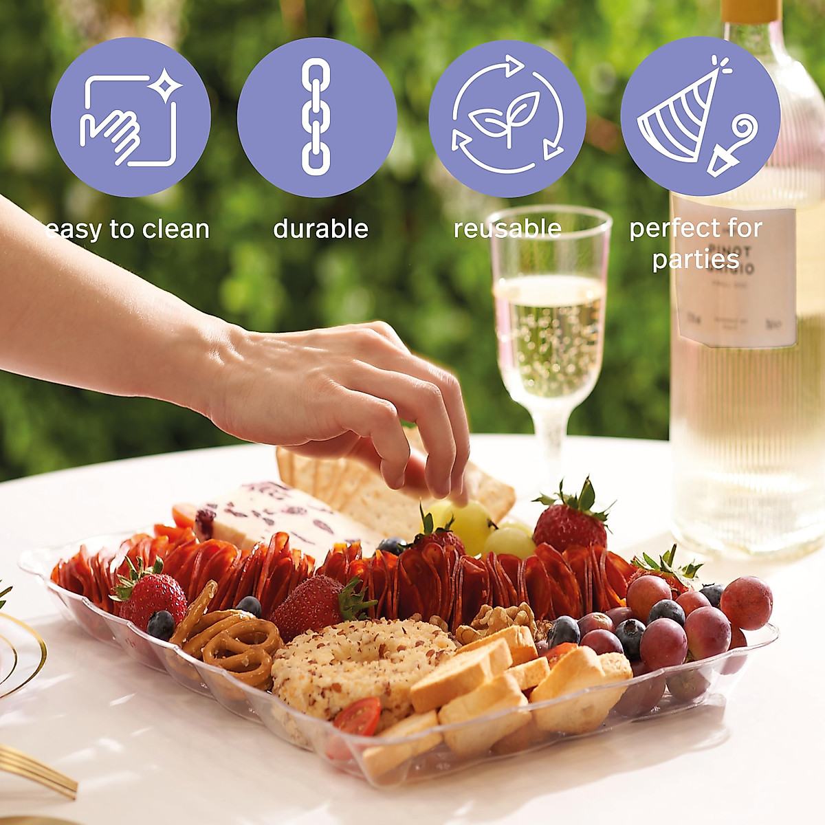 MATANA 6 Large Clear Plastic Serving Tray - 13" x 9" Inch Rectangle Disposable Serving Platters, Party Dish Food Trays for Parties, BPA-Free, Reusable