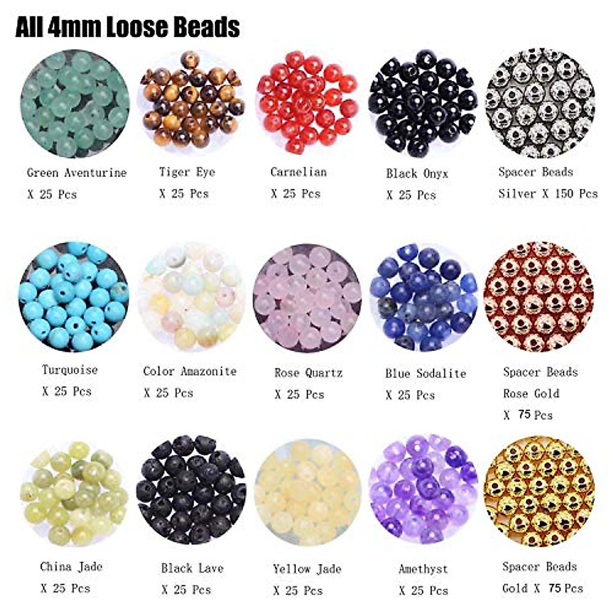 4mm Natural Mixed Materials Gemstones Beads and Brass Tiny Spacer Round Loose Beads Jewelry Making KIT with Thread and Needles 300PCS+300 PCS(12 Natural 3 Brass, 4mm)