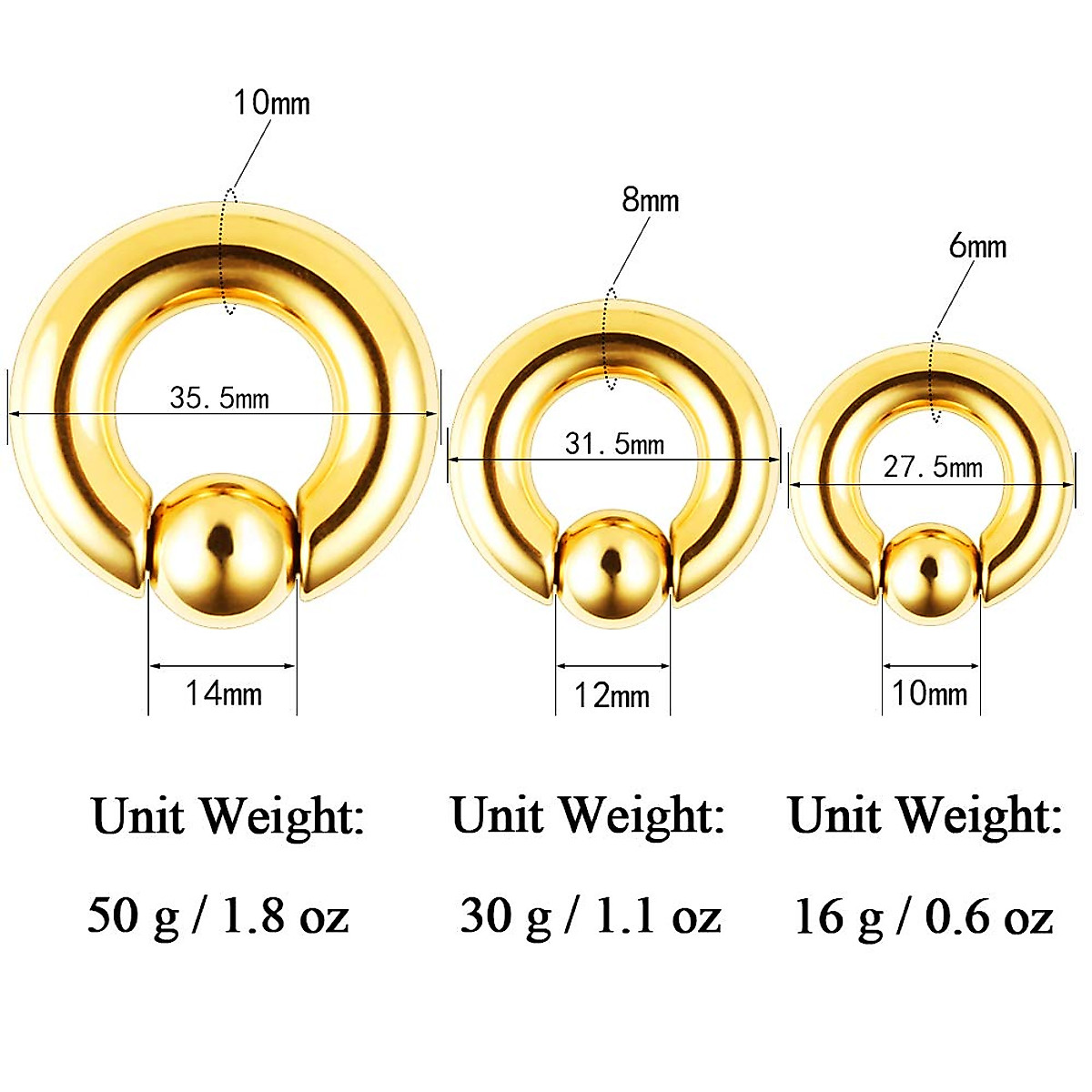 Casvort 2 PCS Gold Stainless Steel Piercing Captive Hoop Rings Tragus Ear Tunnels Ear Hanger Weight Gauges Body Jewelry 00g