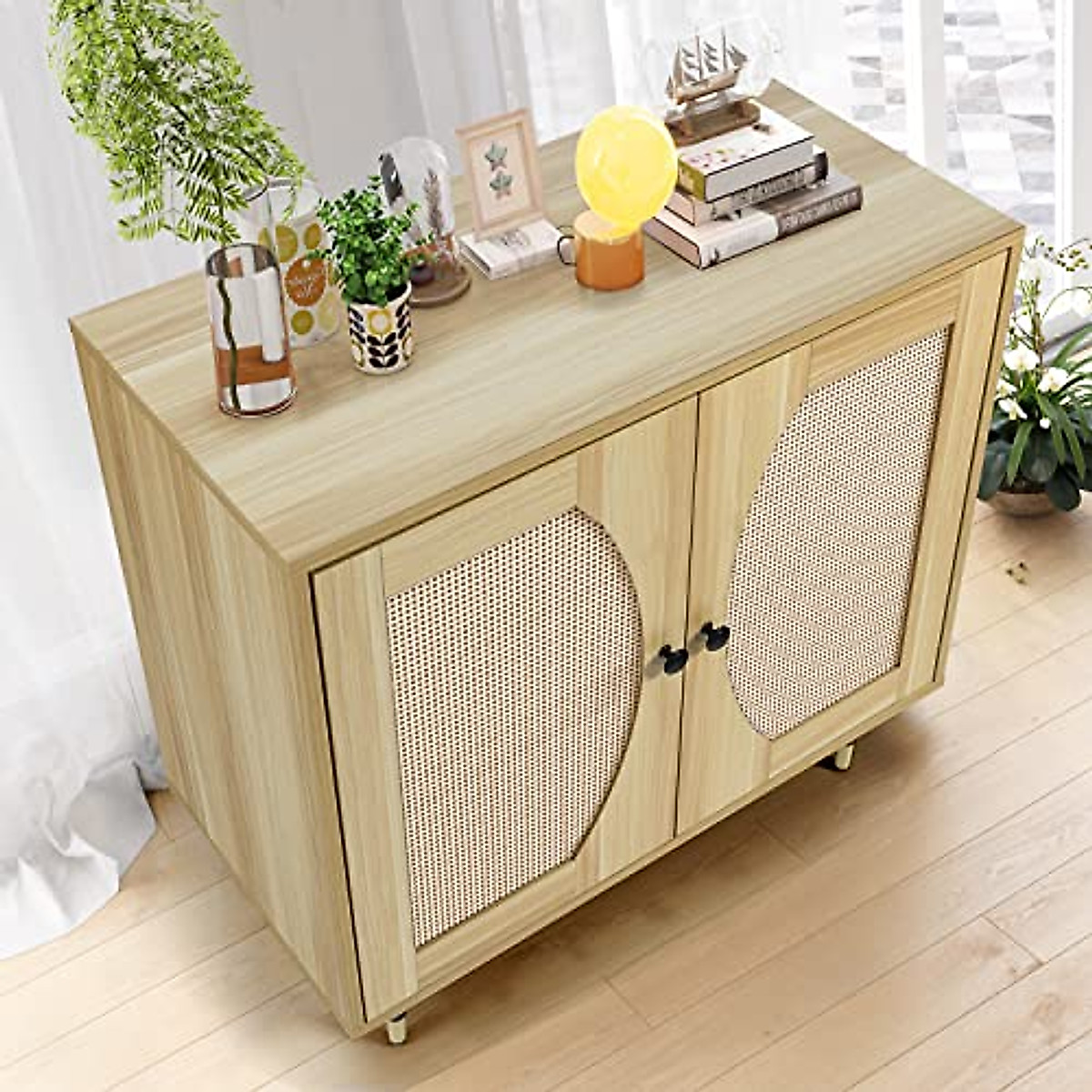 4ever2buy Rattan Buffet Cabinet Sideboard with Storage, Kitchen Accent Cabinet with Woven Natural Rattan Doors, Entryway Cabinet with Adjustable Shelves，Console Tables for Living Bedroom Dining Room