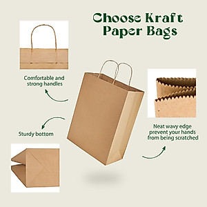 MESHA Shopping Bags 50Pcs 10x5x13'' Kraft Paper Bags with Handles Bulk Large Gift Bags Retail Bags Recycled Bags Birthday Wedding Party Favors Bags Brown