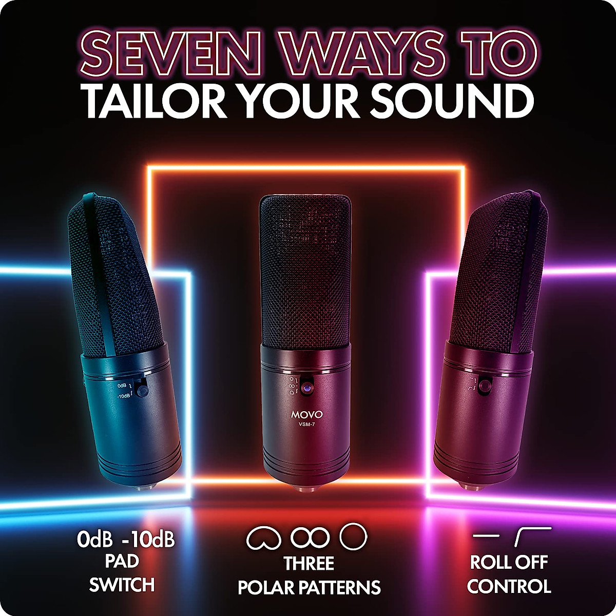 Movo VSM-7 Large Diaphragm, Multi-Pattern Studio Condenser Microphone with Shock Mount, Pop Filter, and XLR Cable - Studio Microphone for Music, Vocals, Podcasting, Gaming, Streaming and More