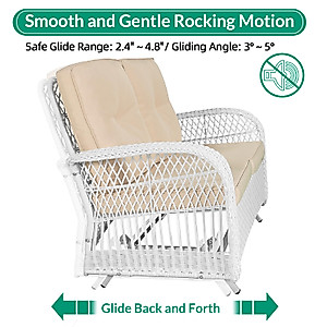 VIVIJASON 4-Piece Outdoor Patio White Wicker Conversation Sets, All Weather Outdoor Rattan Furniture Set Includes Glider Loveseat, Coffee Table, 2 Rocking Chairs with Cushions for Backyard, Beige