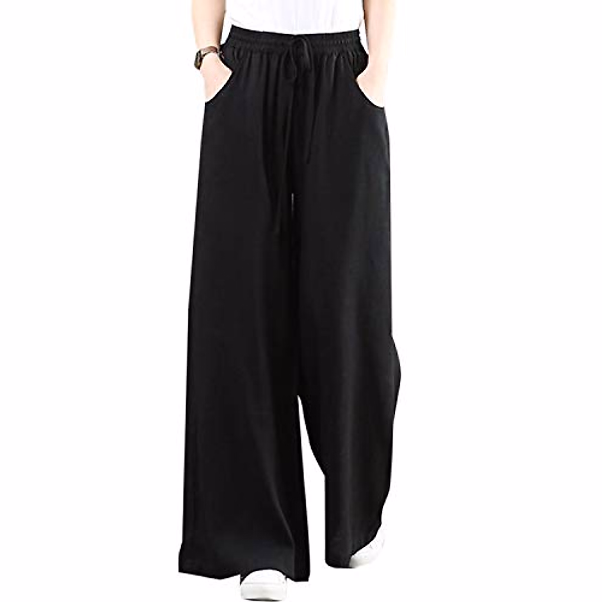 IXIMO Women's Cotton Linen Wide Leg Pants Casual Drawstring Lounge Palazzo Loose Trousers Black L
