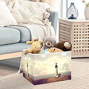 Kigai Old White Lighthouse Storage Basket with Lid Collapsible Storage Bin Fabric Box Closet Organizer for Home Bedroom Office 1 Pack