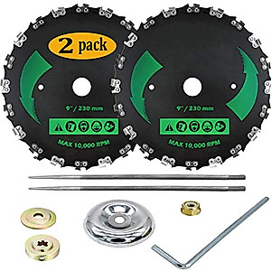 (2pack) 9" x 20T Chainsaw Tooth Brush Blades Green - Weed Eater Saw Blade Kit Replacement for Brush Cutters, String Trimmers, and Weed Wreckers (Adapter Included+2 Round Files)