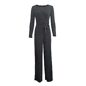 Sparkly Jumpsuits for Women Elegant Night Sexy Plus Size Long Sleeve Clubwear Party Casual Rompers Wide Leg Pants Silver XL