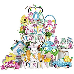 Easter Tiered Tray Decor Happy Easter Tiered Tray Ornament Rustic Farmhouse Spring Decor Bunny Truck Gnome Egg Easter Decor Spring Wooden Sign for Home Table Decor (Glitter Colorful)