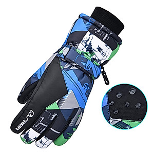RunRRIn Ski Gloves, Waterproof Snow Gloves -30℉ Winter Gloves for Cold Weather, Warm Snowboarding Gloves - for Men, Women, Kids, Boys and Girls (Black-Blue XS)