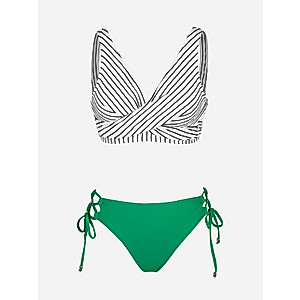 CUPSHE Womens Swimwear Swimsuit Bikini Set Striped Wrapped Front Lace Up Back Strappy Two Piece Bathing Suit, Large, Cadmium Green