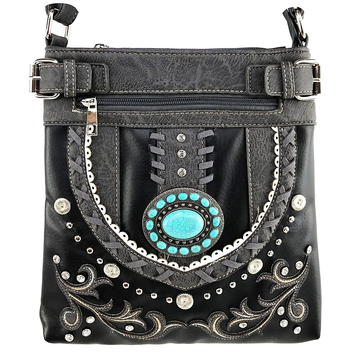 Justin West Tooled Gleaming Turquoise Stone Floral Laser Cut Rhinestone Messenger Bag Purse with Long Cross Body Strap (Black Pewter)