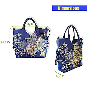 Vintage Shoulder HandBags for Women,Tote Handbags,Ladies Travel Hobo Handbag With Sparkly Sequins Phoenix Embroidered (Blue)