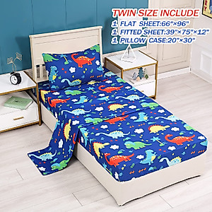 Cloele Dinosaur Twin Sheets Set for Boys - 3 Piece Blue Kids Bedding Sheet Set Includes Flat Sheet Fitted Sheet Pillowcase for Twin Beds - 100% Polyester Children Bed Sheet Set for Boys Deep Pocket