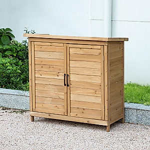TAKUKA Outdoor Storage Cabinet with 2 Shelves, Wooden Garden Shed with Double Doors& Waterproof Roof，Outside Utility Tool Organizer for Garden Farm Backyard