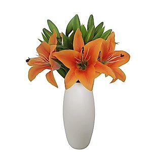 Fawoert 5Pcs Artificial Tiger Lily Fake Flower Bouquet Wedding Home Party Garden Decoration (Orange)