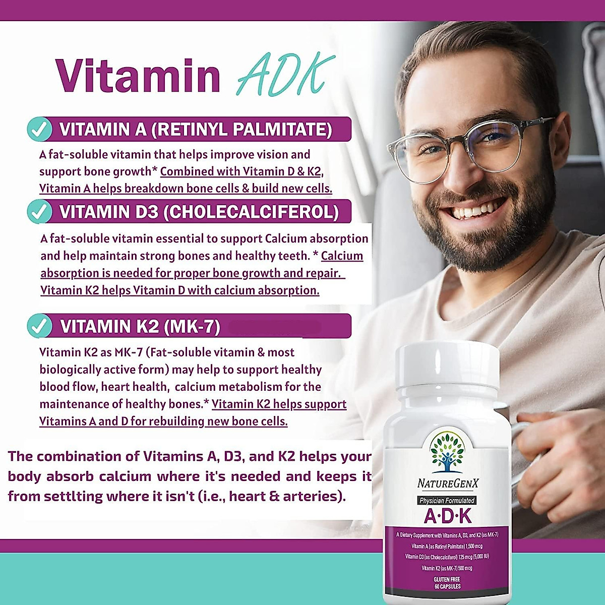 NatureGenX ADK Vitamin Supplement - Enhanced Bone Health with High Potency Vitamins A, D3, K2, Gluten-Free, 60 Capsules (Pack of 2)