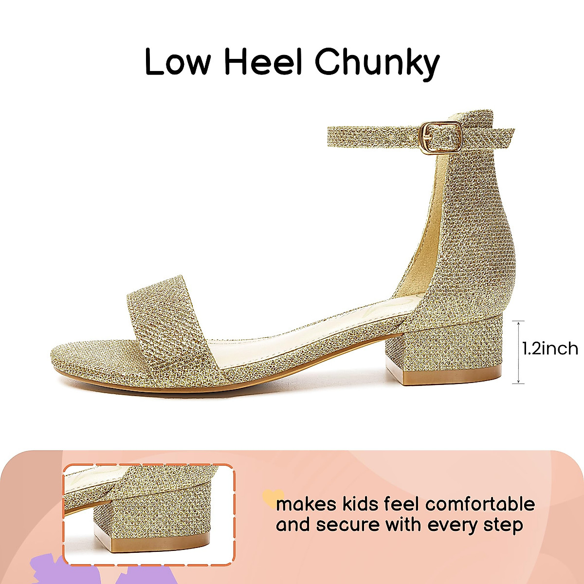 Athlefit Girls Sandals Open Toe Ankle Strap Low Heels Girl Dress Shoes For Toddler Little Big Kid Gold Glitter Size 1