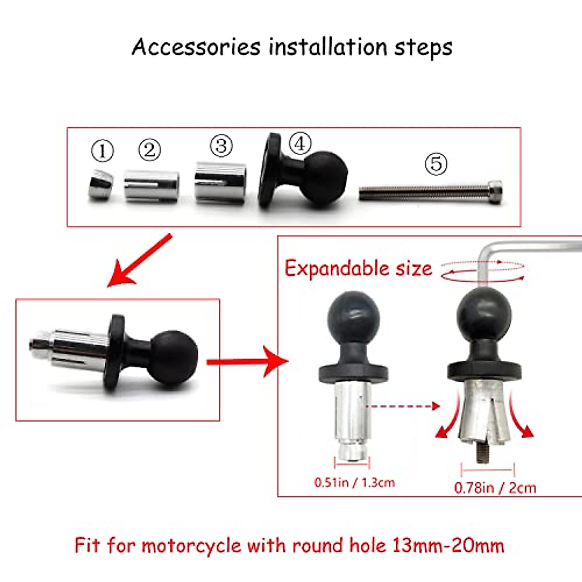 kucehiup Aluminum Alloy 1'' Ball Mount Base Insert for Motorcycle Fork Stem Hole 13mm to 20mm in Diameter, Compatible with R,A,M Mounts B Size Double Socket Arm
