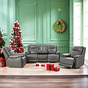 AYCP 1PC Electric Power Recliner Sofa Living Room Furniture, Air Leather Upholstery, USB 2.0 Charging Ports, LED Light Strips, Fold-Down Table & Cupholders (Dark Grey, Sofa), (NGS4791)