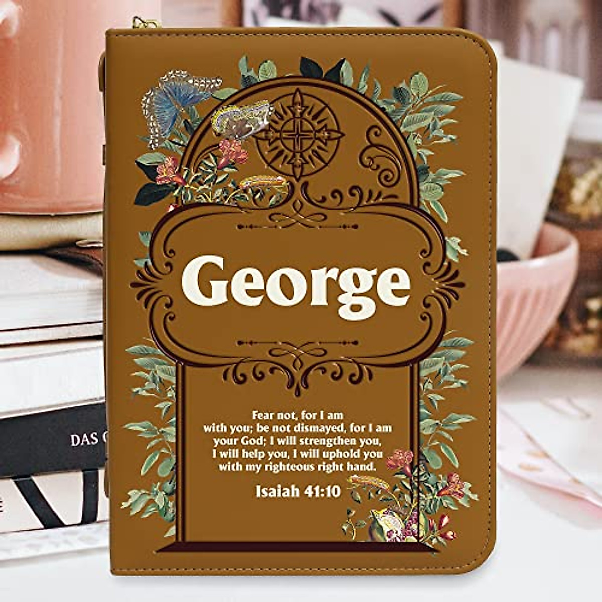 10x7 Inch Personalized Bible Cover – Create Your Own Design, Custom Bible Cover and Carrying Case with Handle – Leatherette Book Covers and Bible Case for Women - Brown (Design 5)