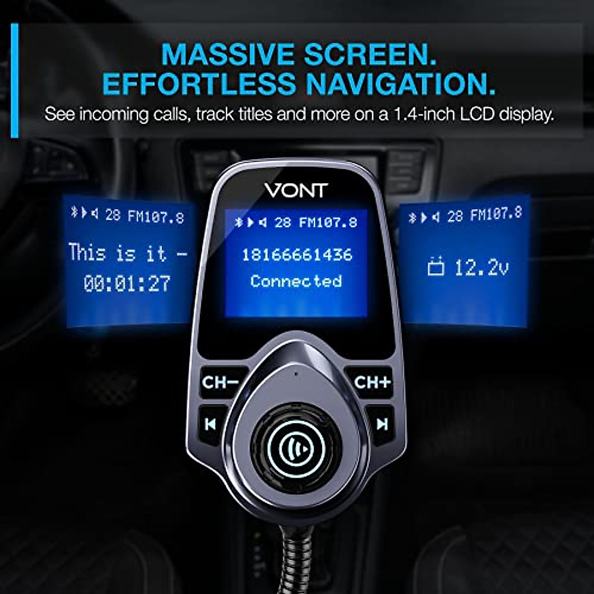 Bluetooth FM Transmitter for Car [2023 Upgraded] Bluetooth Car Adapter Kit, Huge 1.44-inch Display, SD/TF Card Support, AUX Input, Compatible w/All Smartphones, iPods, FM Transmitter Bluetooth