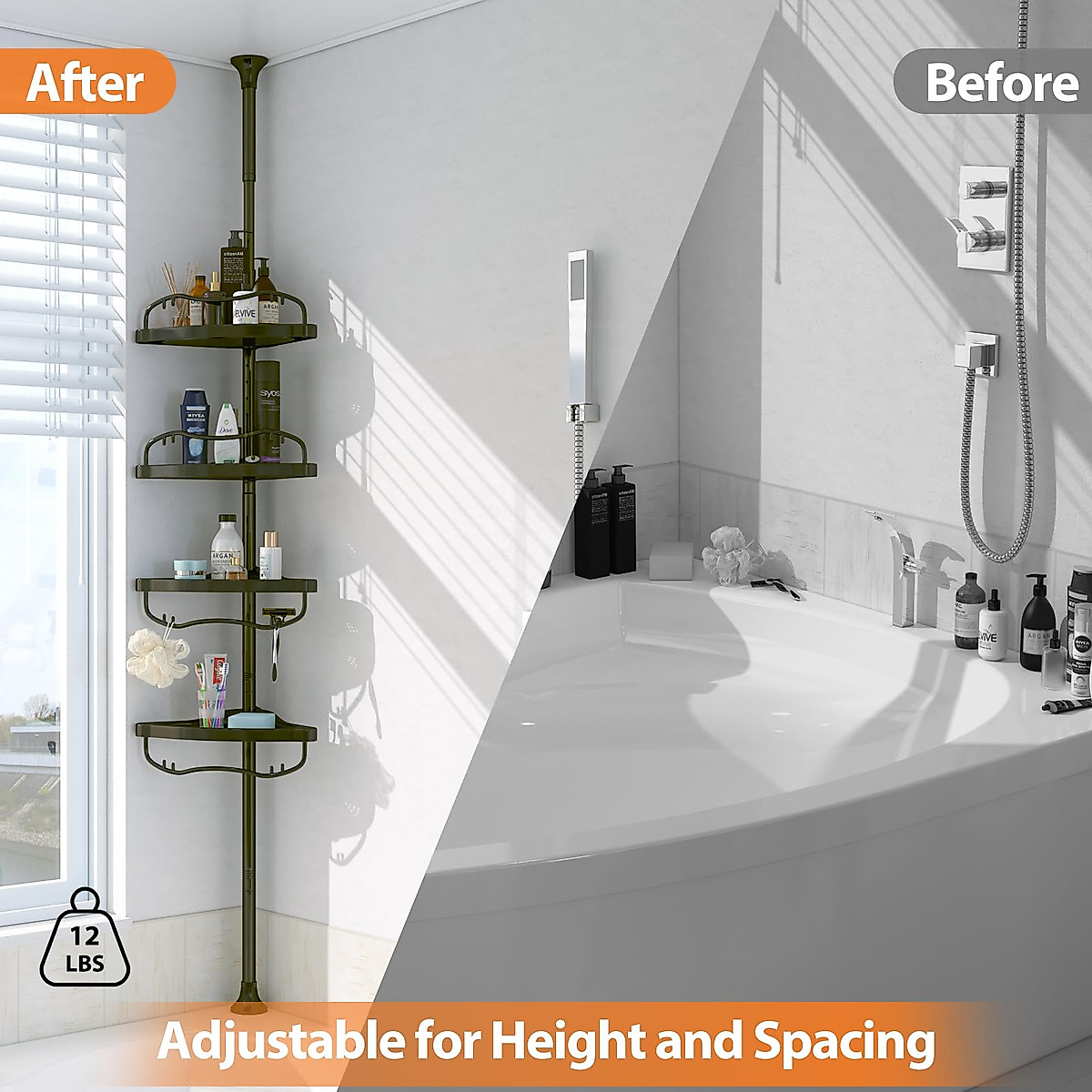 YeYeBest Shower Organizer Caddy, 39-125 Inch Home Decor Organization And Storage Bathroom Corner Plastic Shelves Rack Countertop Adjustable with Tension Metallic Poles