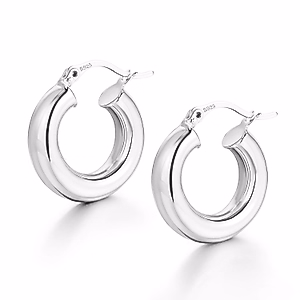 Silver Chunky Hoop Earrings Thick Hoops for Women | 925 Sterling Silver Post Shiny Polished Round-Tube Lightweight Hoop Earrings for Women Girls, Diameter 20mm