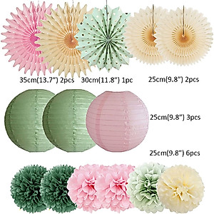 Sage Green and Pink Party Decorations Olive Tissue Paper Pom Poms Light Pink Paper Lanterns Cream Fans for Sage Green and Pink Birthday Party Decorations Baby Shower Bridal Shower Wedding Engagement