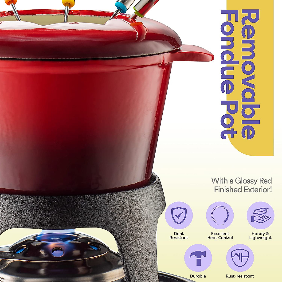 Klee 12-Piece Cast Iron Fondue Set with Red Fondue Pot, 6 Fondue Forks, Fondue Burner and Fondue Pot Base, 44 oz