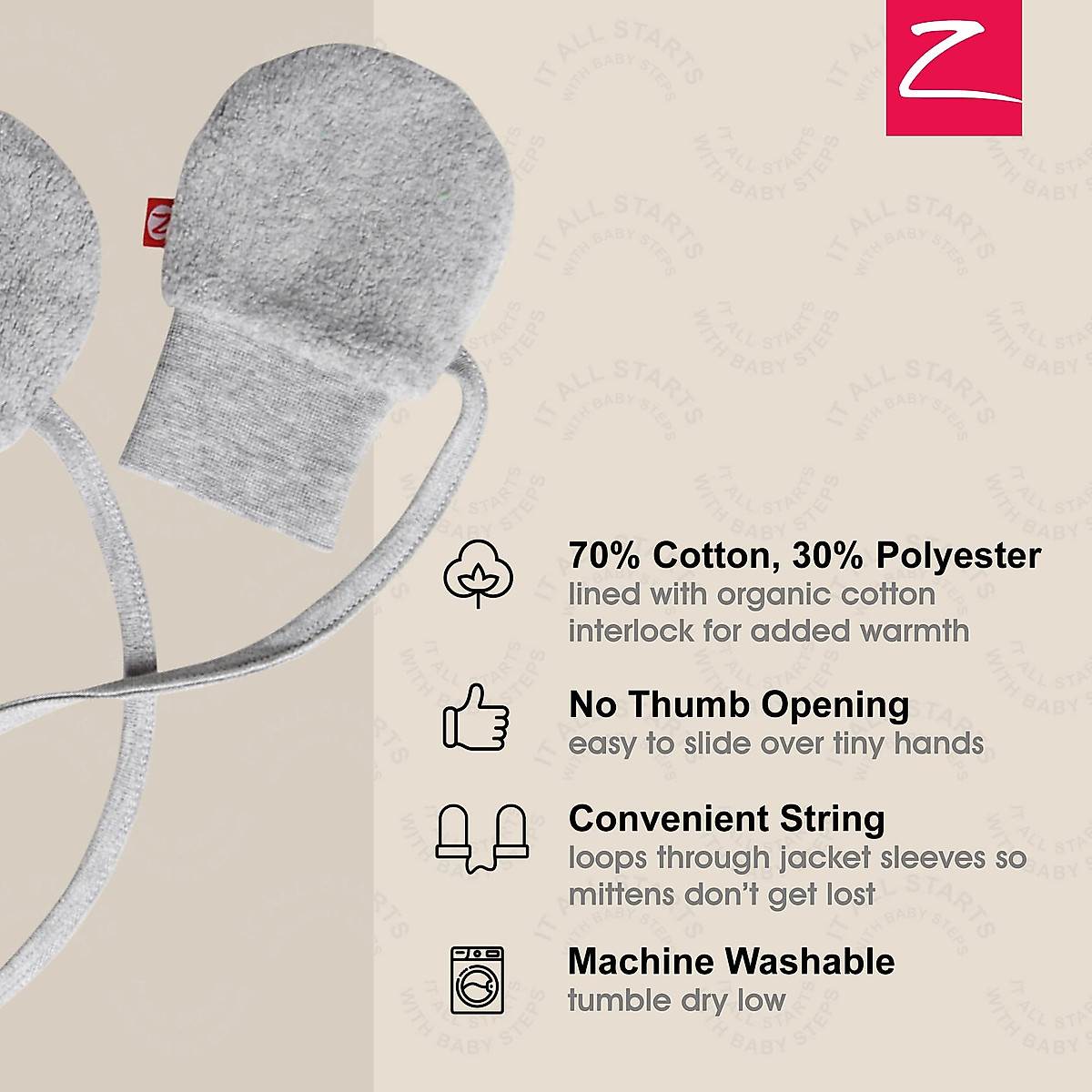 Zutano Fleece Mittens for Babies, Infants, and Newborns, Thumbless Outdoor Winter Baby Gloves, Heather Gray