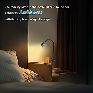 acegoo Bedside LED Reading Light Flexible Gooseneck Wall Lamp with USB Charger, Headboard Wall Surface Mount Dimmable Book Light, with Plug-in Power Adapter (Black Finish)