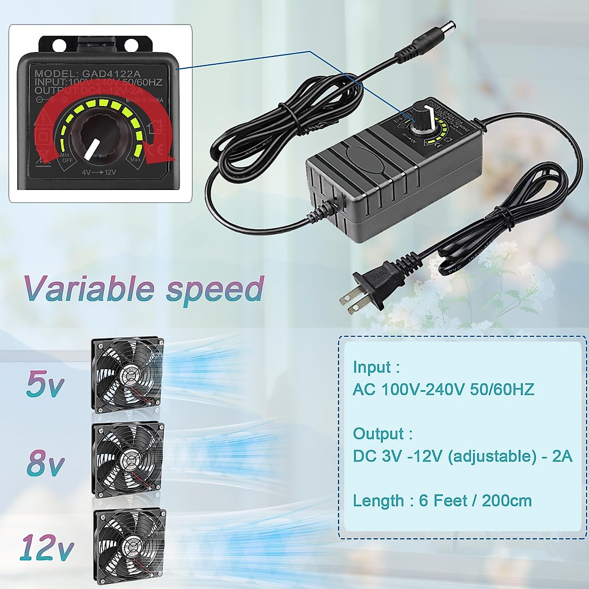WDERAIR AC 120mm Powerful Computer Fan with AC Plug, 110V - 240V AC to DC 12V Variable Speed Controller for Electronic Components，PS5，Router，Xbox，Growtent，Modem，Amplifier，Receiver，Biltong Cooling