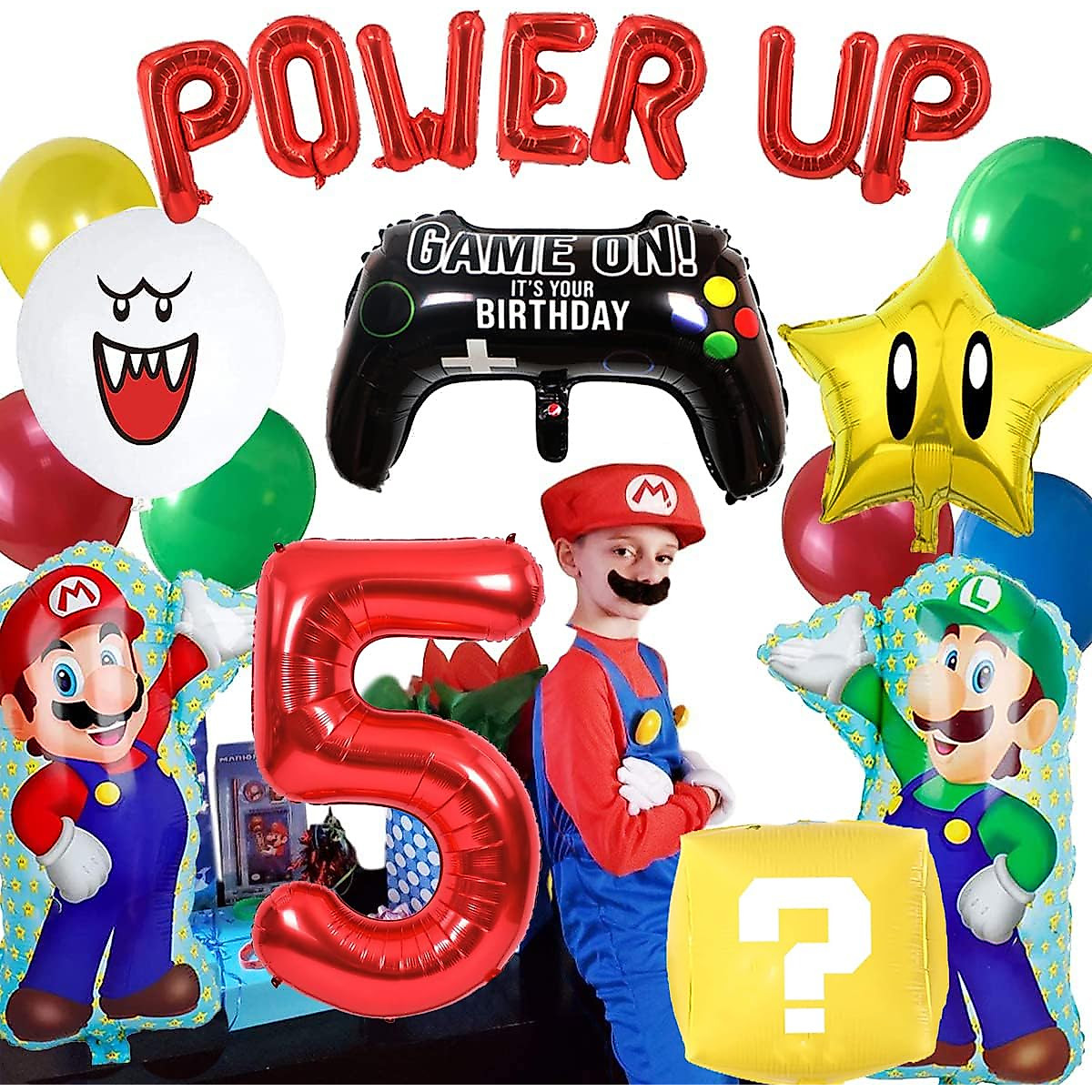 37 PCS Video Game Birthday Balloons Video Game Brothers Theme Birthday Decoration Vedio Game Birthday Balloons with POWER UP Letter Balloons for Video Game 5th Birthday Party Supplies