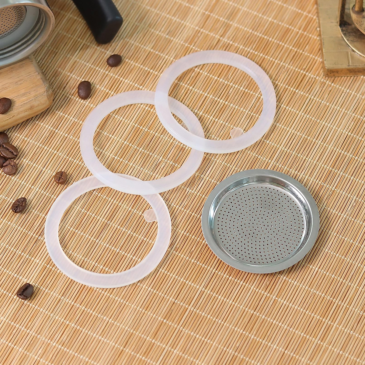 Sivaphe 6 Cups Stovetop Espresso Coffee Maker Replacement Parts Stainless Steel Moka Pot, 1 Filter and 3 Silicone Gasket Seals