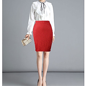 Topdress Women's Bodycon Pencil Skirts Basic Elastic High Waisted Stretch Short Skirt Knee Lenght with Slit Midi Red Black Dot Small