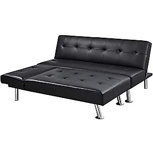 Topeakmart Sectional Sofa Couch Bed Convertible L-Shaped Faux Leather Couch Foldable Futon Sofa Sleeper with Reversible Chaise Lounge for Living Room Black