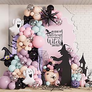 Pastel Halloween Balloon Arch Garland Kit, Witch and Ghost Themed Decorations, 148Pcs Pink Orange Green Purple Bat Balloons for Halloween Spooky One Happy Boo Day Birthday Baby Shower Supplies