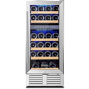 BODEGA 15 Inch Wine Cooler Under Counter, 28 Bottle Dual Zone Wine Fridge, with Double-Layer Glass Door, Temperature Memory and Digital Temperature Control, Built-in or Freestanding