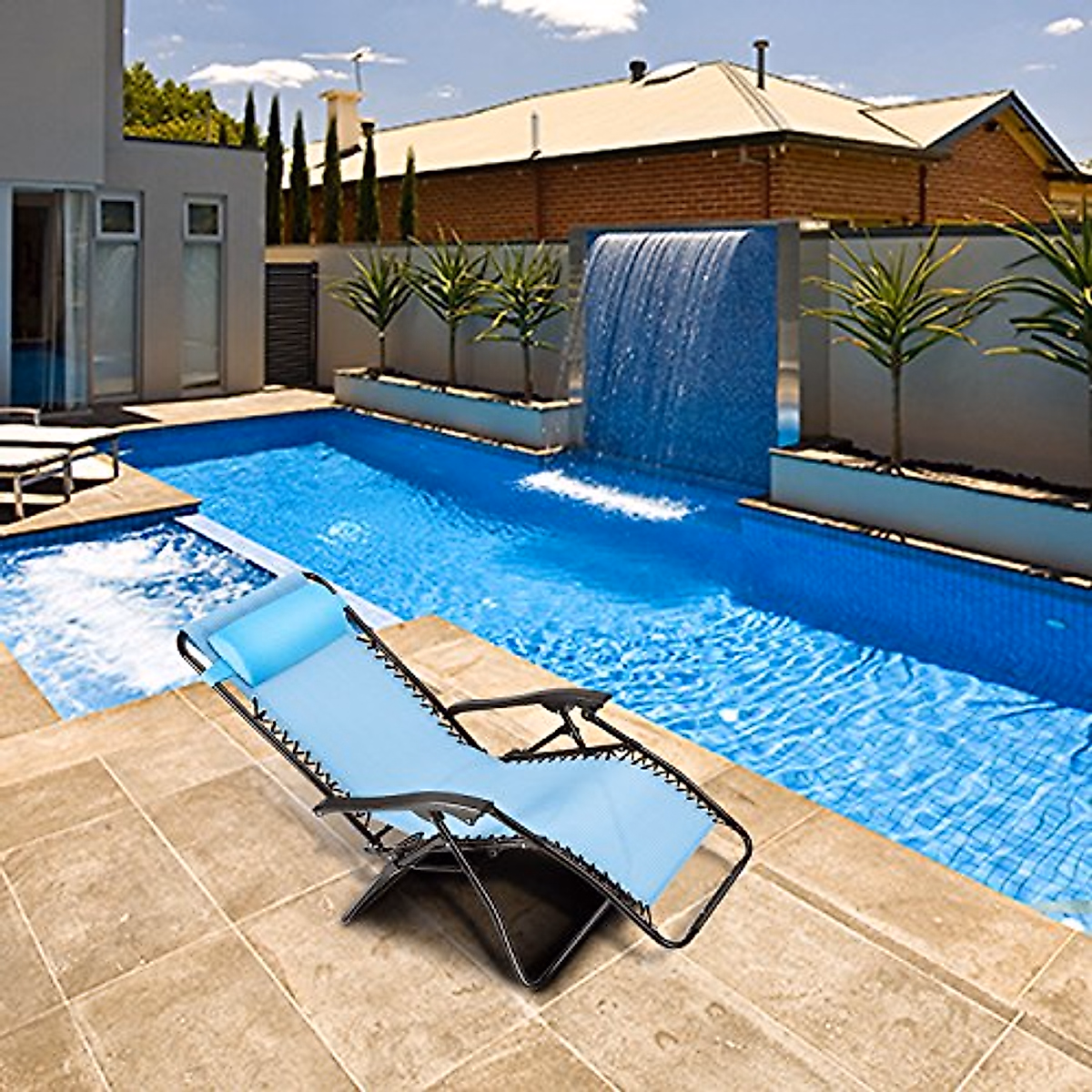 Flexzion Zero Gravity Chair - Anti Gravity Outdoor Lounge Patio Folding Reclining Chair and Textilene Seat with Footrest & Adjustable Pillow for Yard, Beach, Camping, Garden, Pool (Sky Blue)