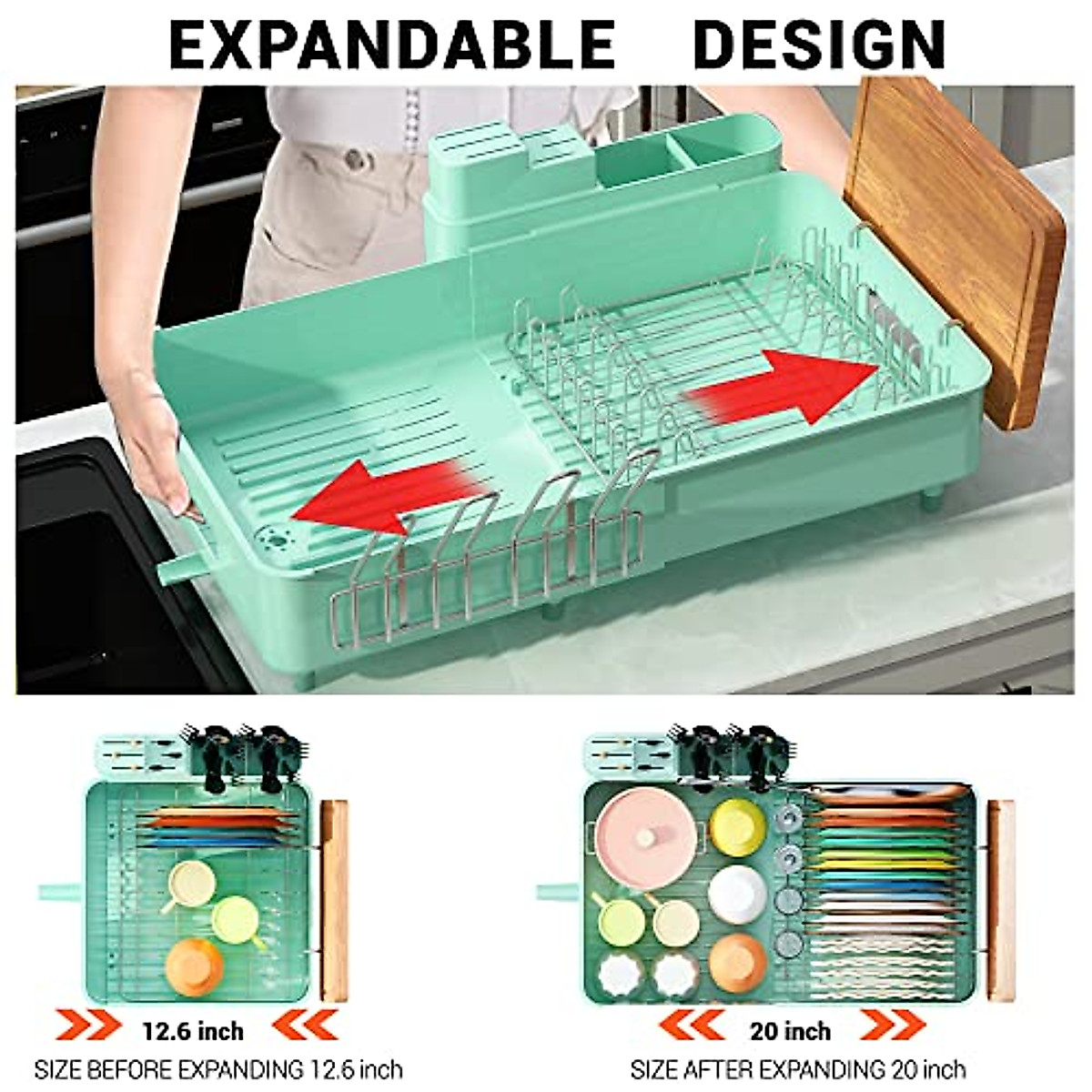 ADBIU Large Dish Drying Rack with Drainboard Set（12.8" - 20"） Expandable Compact Dish Drainer, 1 Piece Cyan
