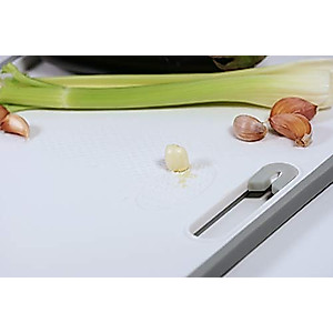 3-in-1 Plastic Cutting Board with Built-In Knife Sharpener, Garlic Grater, Raised Juice Catcher, Slip-Resistant Bottom, Non-Stick Food Prep Surface, Meat, Vegetable, Cheese