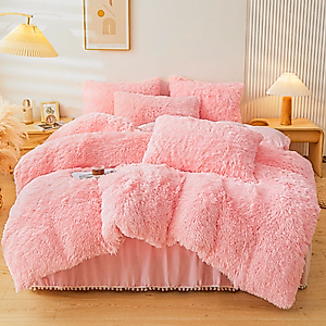 ERLOXO Fluffy Pink Faux Fur Comforter Cover Set，Fluffy Fuzzy Plush Pink Bedding 3Pcs (1 Faux Fur Duvet Cover +2 Fuzzy Pillowcases) Pink Fluffy Bed Set (Pink, Queen)